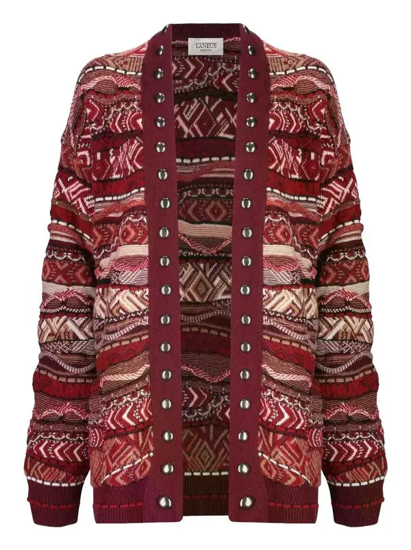 LANEUS Studded Patterned Cardigan - Red
