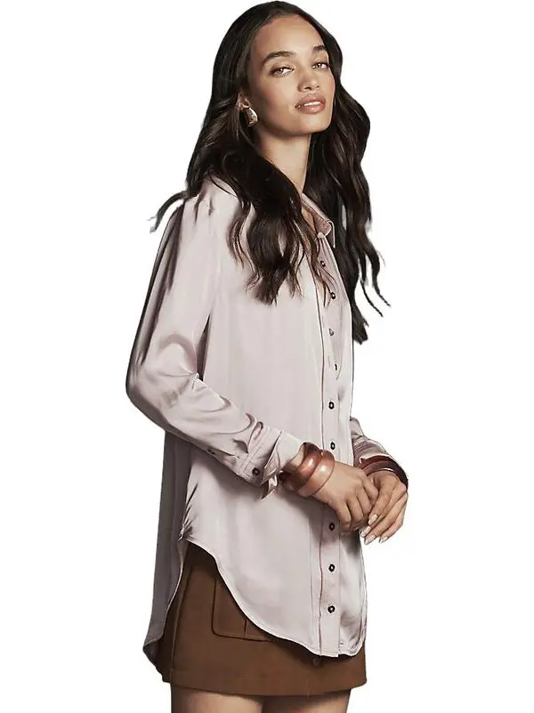 PILCRO Longline Silky Buttondown Shirt - Blush Pink