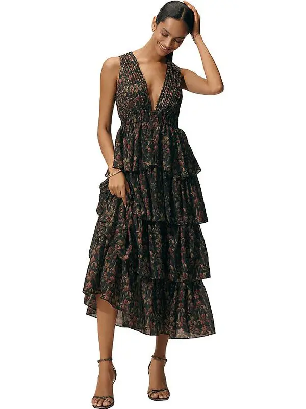 Endless Rose Sleeveless V-neck Tiered Midi Dress - Black Pattern