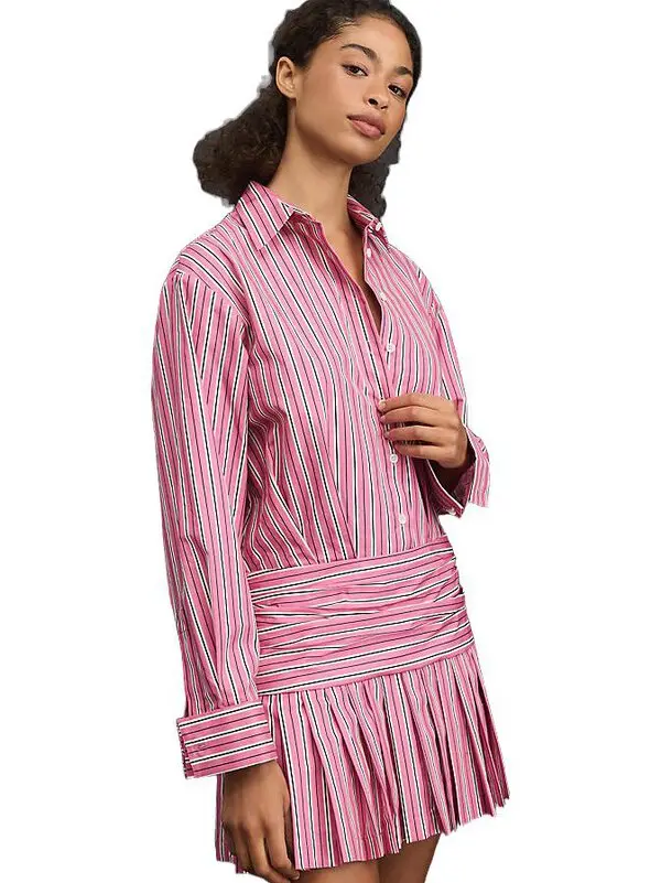 ROWING BLAZERS Long-sleeve Pleated Mini Shirt Dress - Euro Pink Stripe