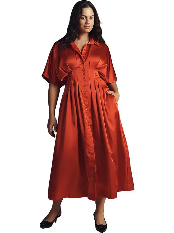 EXQUISE Tobie Satin Shirt Dress - Racing Red