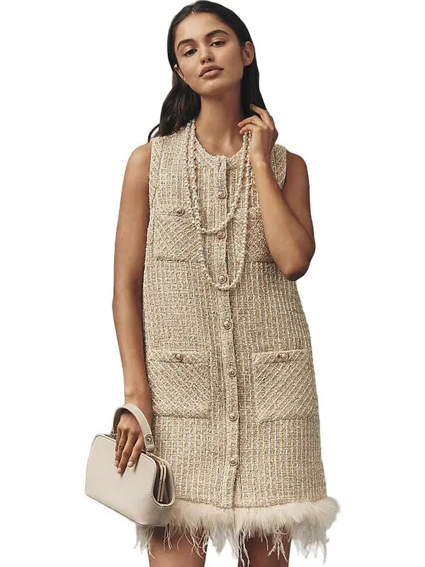 Saylor Sleeveless Tweed Mini Dress With Faux-feather Hem - Gold