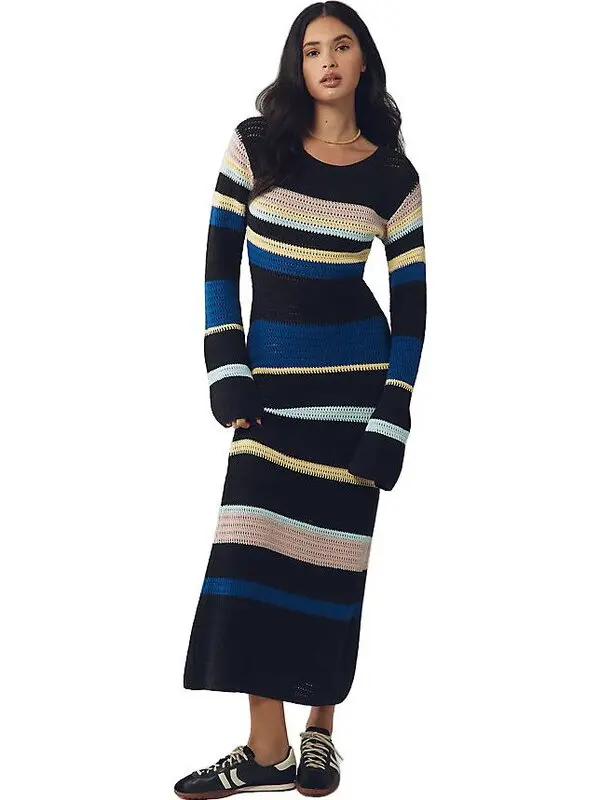 Spiritual Gangster Giselle Long-sleeve Crochet Midi Dress - Blue Stripe