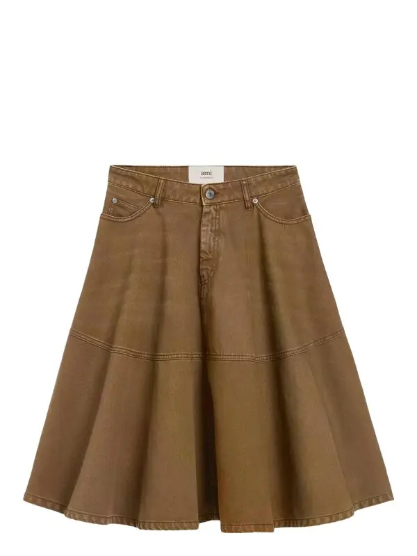 Ami Cotton Twill Midi Skirt - Brown