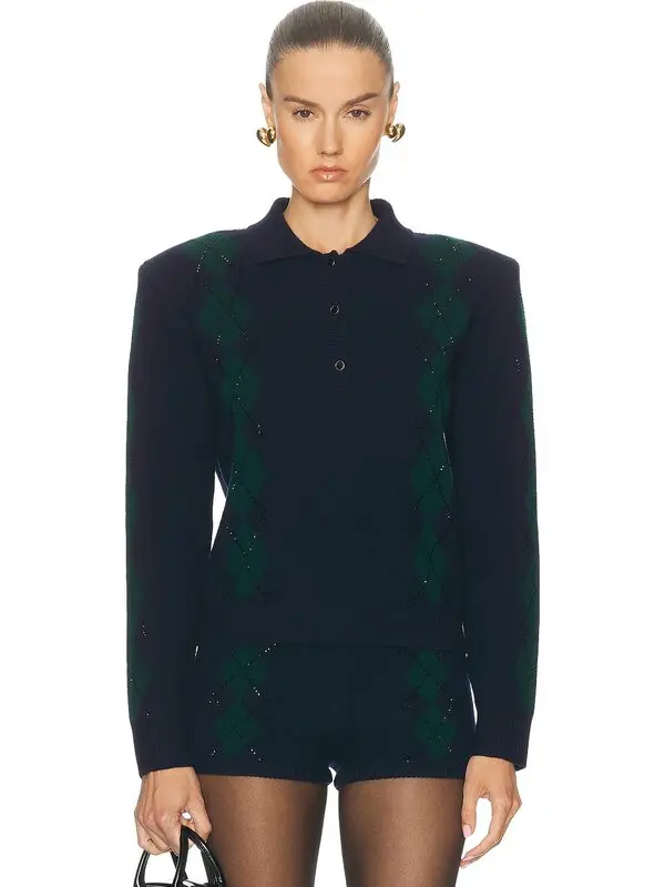 Retrofete Nicolina Embellished Polo Top - Pine & Navy