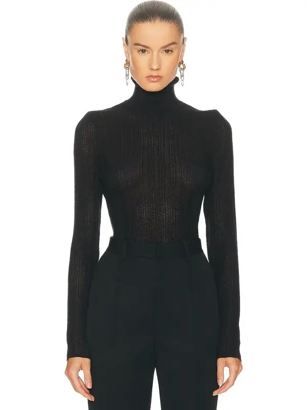 Ralph Lauren Long Sleeve Ruffle Trimmed Turtleneck Top - Black
