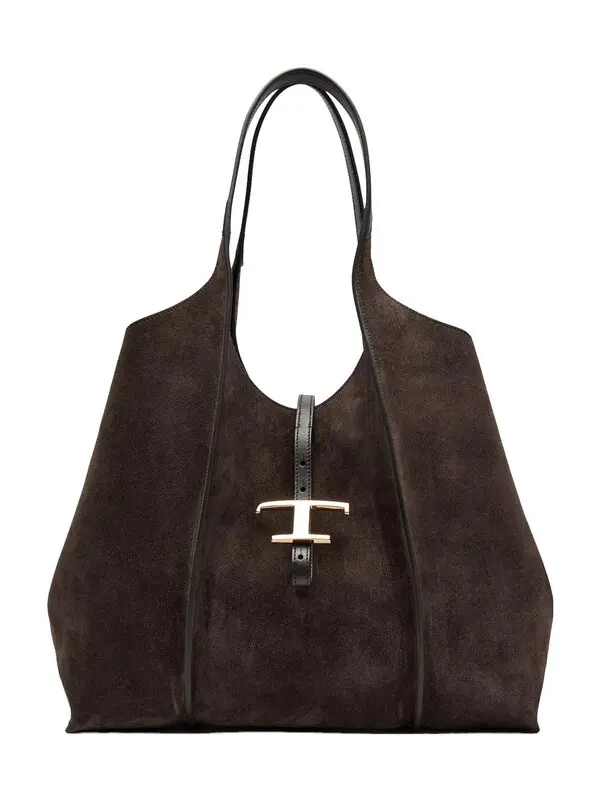 TOD'S T-plaque Suede Top Handle Bag - Dark Brown