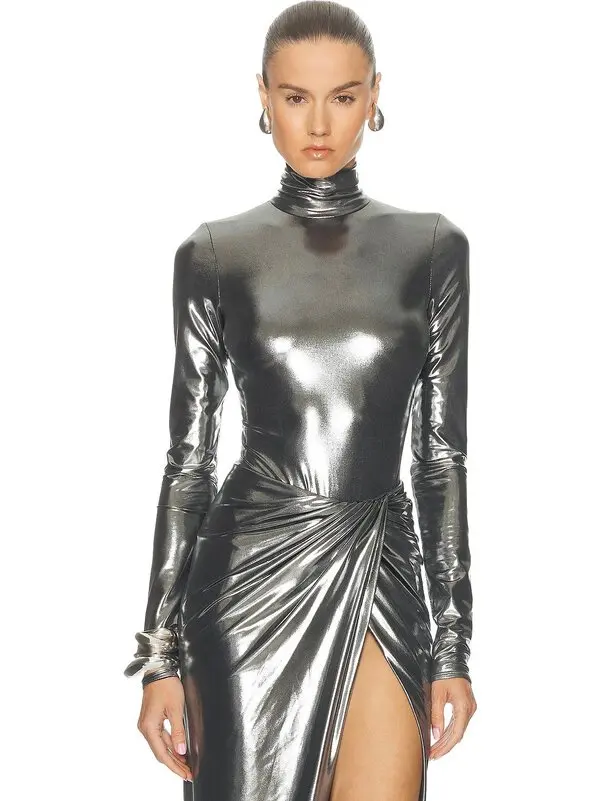 LAQUAN SMITH Long Sleeve Mock Neck Bodysuit In Metallic - Silver
