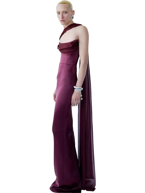 THE NEW ARRIVALS ILKYAZ OZEL Julietta Draped Evening Gown - Burgundy