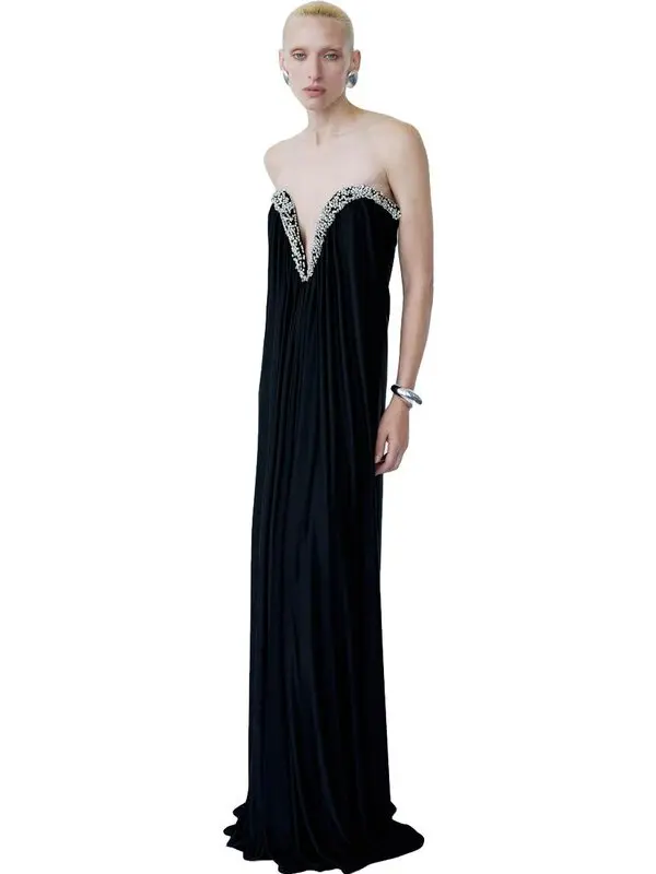THE NEW ARRIVALS ILKYAZ OZEL Olivienne Embellished Draped Evening Gown - Black