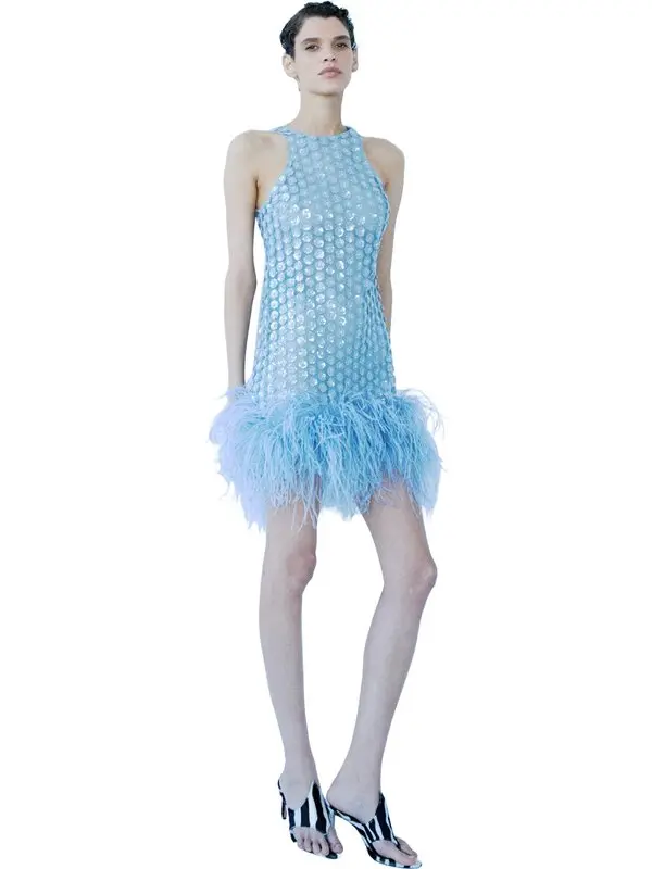 THE NEW ARRIVALS ILKYAZ OZEL Bixi Sequined Feather-trim Mini Dress - Blue