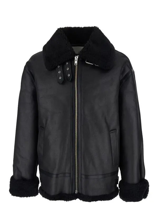 DUNST Shearling Jacket With Belted Collar - Black