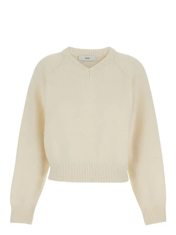 DUNST Sweater With V-neck And Ribbed Trims - White