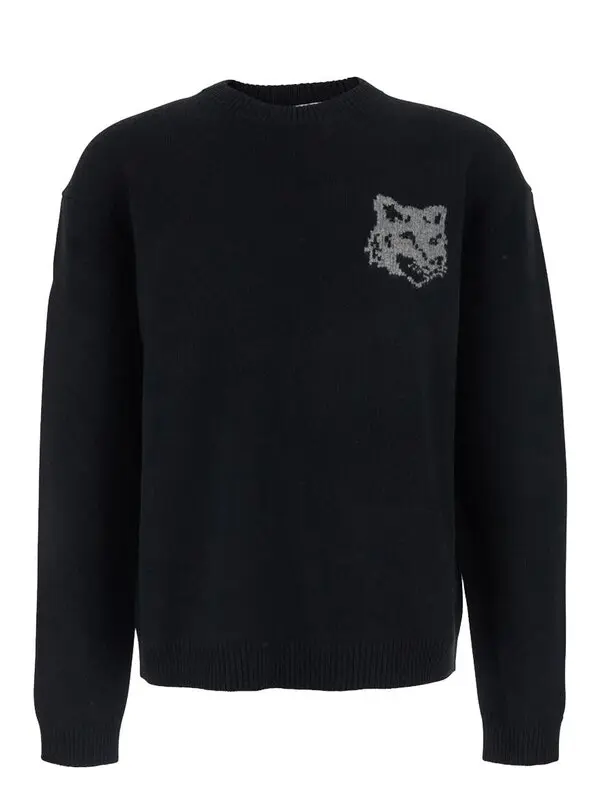 Maison Kitsuné Crewneck Wool Sweater With Logo - Black