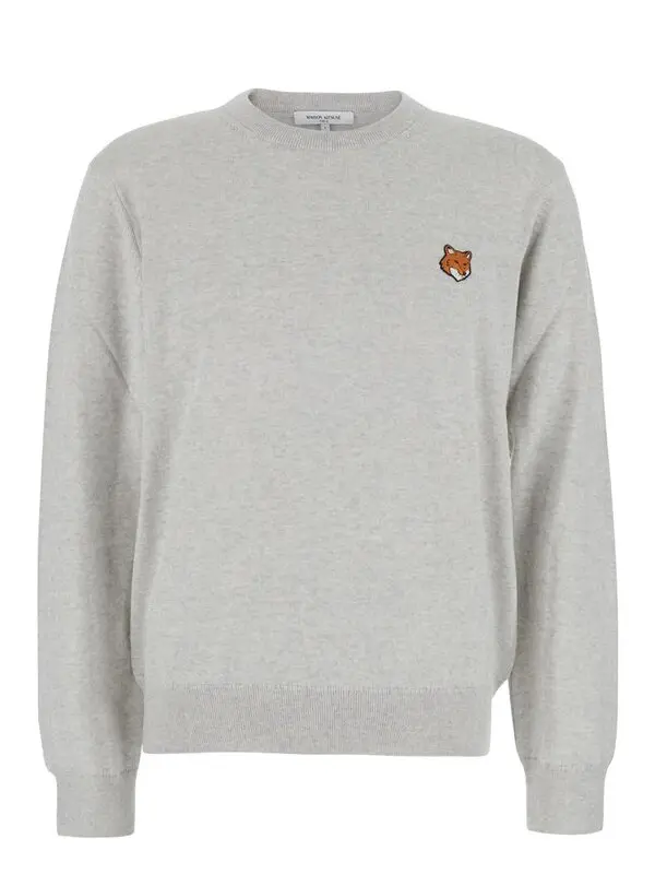 Maison Kitsuné Crew Neck Wool Sweater With Fox Patch - Grey