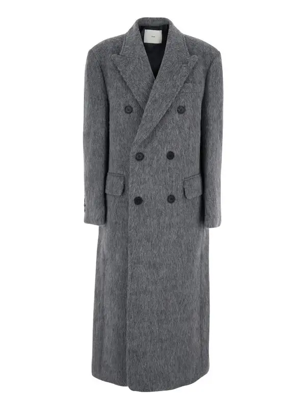 DUNST Brushed Wool Double-breasted Coat With Peak Lapels - Grey