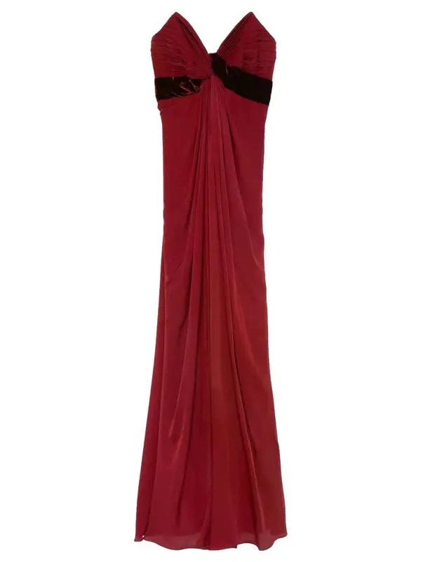Elie Saab Pleated Velvet-trimmed Dress - Red