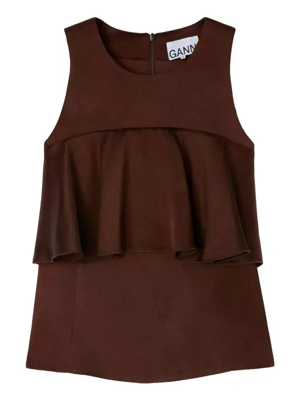 GANNI Ruffled Satin Top - Brown