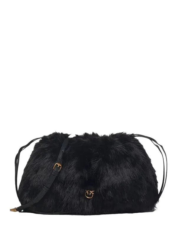 Pinko Faux-fur Clutch Bag With Logo Plaque - Black