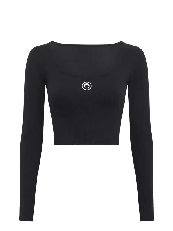 MARINE SERRE Logo-embroidered Ribbed Jersey Top - Black