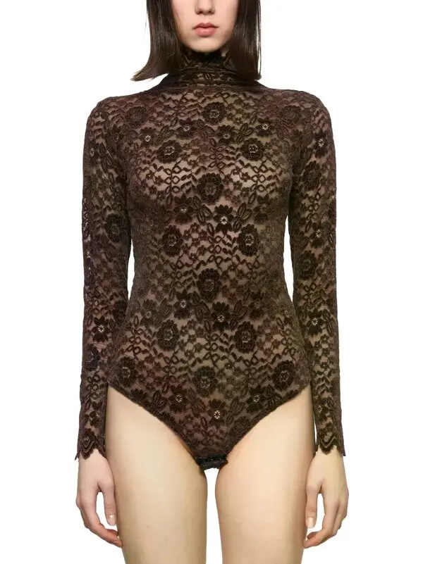 ATU BODY COUTURE High-neck Floral-embroidery Bodysuit - Brown