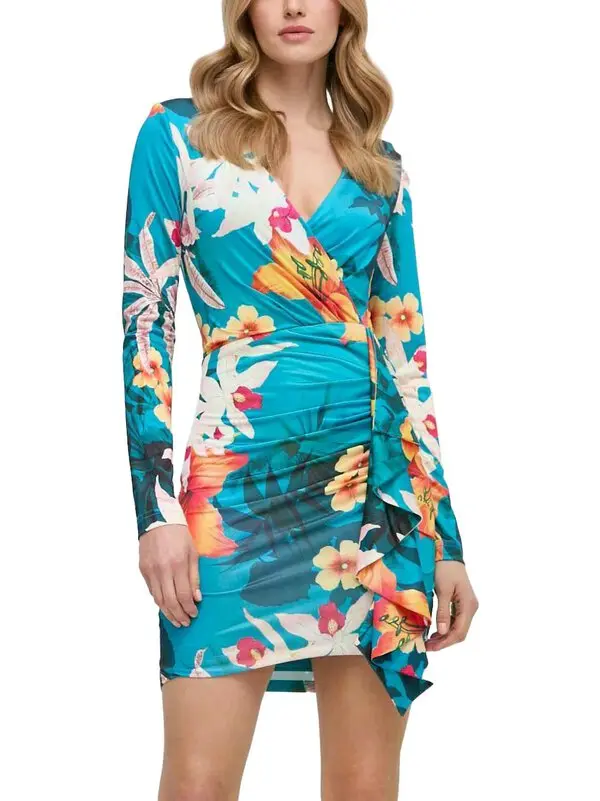 Guess Floral Print Gathered Mini Dress - Blue