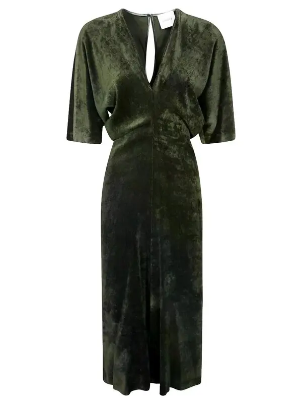 NUDE V-neck Velvet Midi Dress - Green