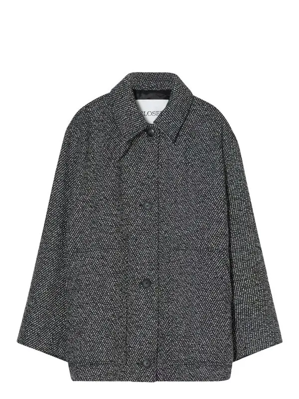 Closed Herringbone Pattern Button Coat - Black