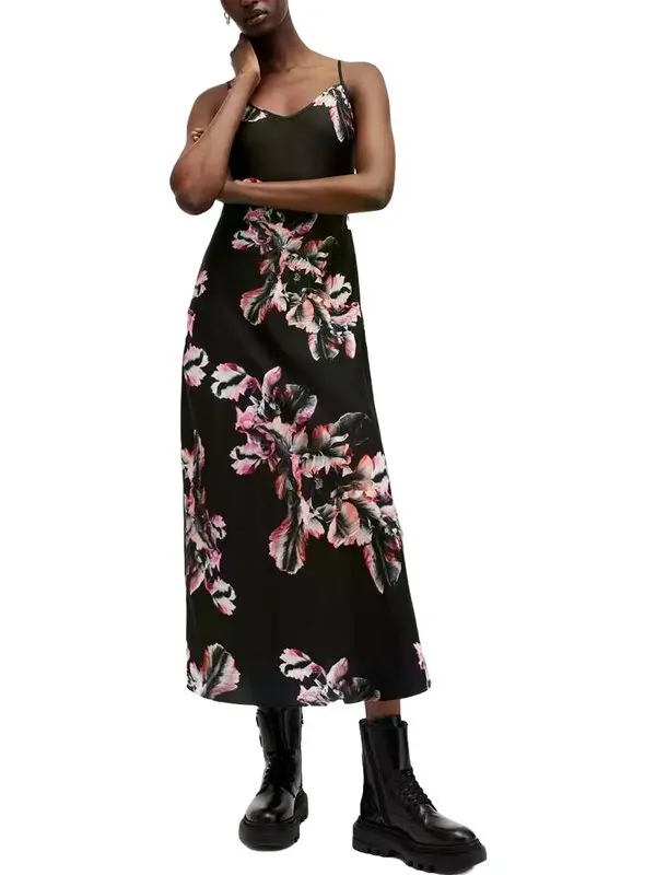 ALLSAINTS Bryony Floral-print Slip Midi Dress - Black