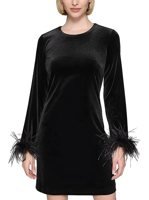 Karl Lagerfeld Paris Feather Trim Velvet Dress - Black