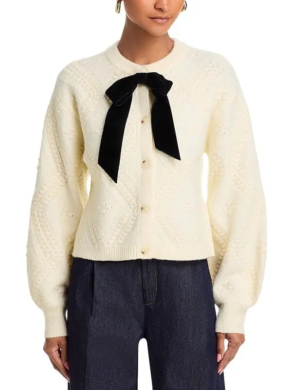 French Connection Kitty Bobble Contrast Crewneck Cardigan - Porcelain Cream