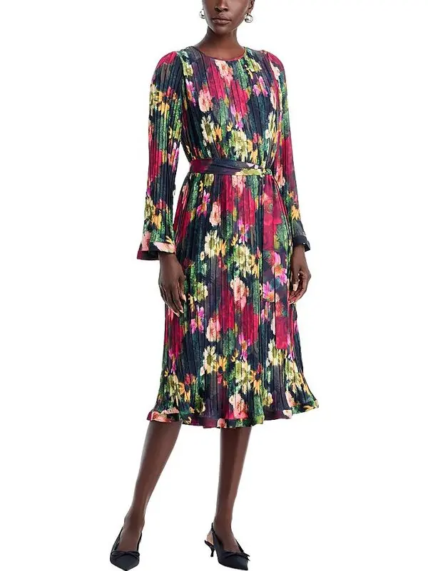 T Tahari Round Neck Pleated Dress - Midnight Garden Print