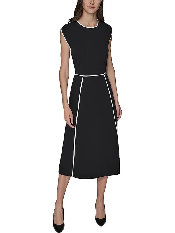 Karl Lagerfeld Paris Contrast Trim Scuba Crepe Midi Dress - Black/ Soft White