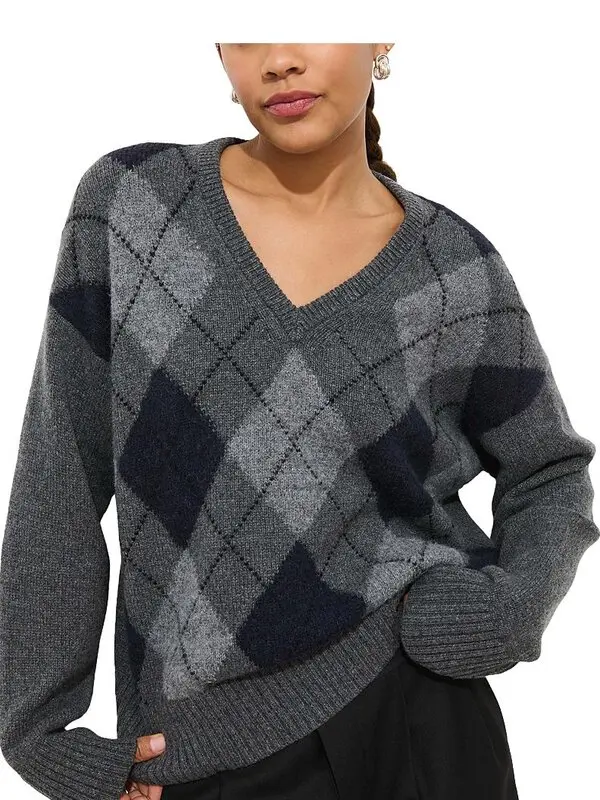 ALEX MILL Campbell Argyle V-neck Sweater - Storm Grey