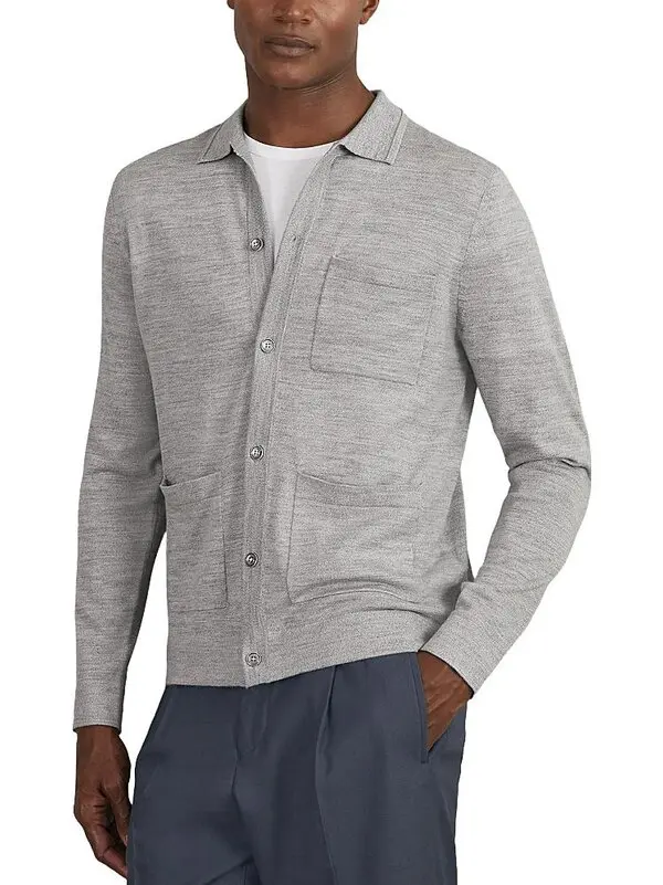 REISS Munich Slim Fit Merino Wool Button Front Shirt - Soft Grey