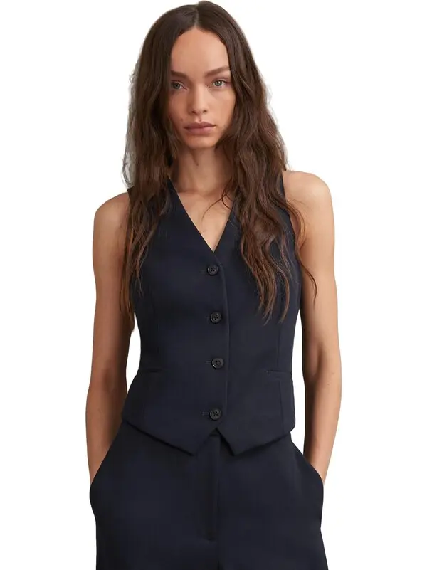 REISS Gabi Single-breasted Twill Waistcoat - Navy