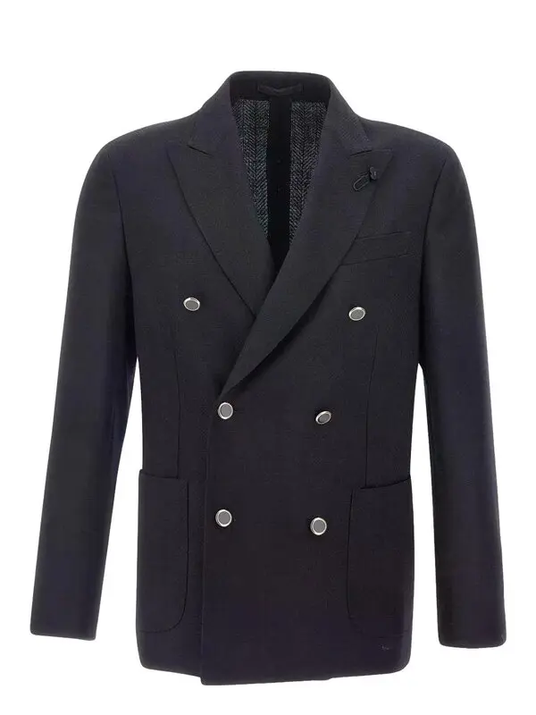 LARDINI Herringbone-pattern Double-breasted Blazer - Blue