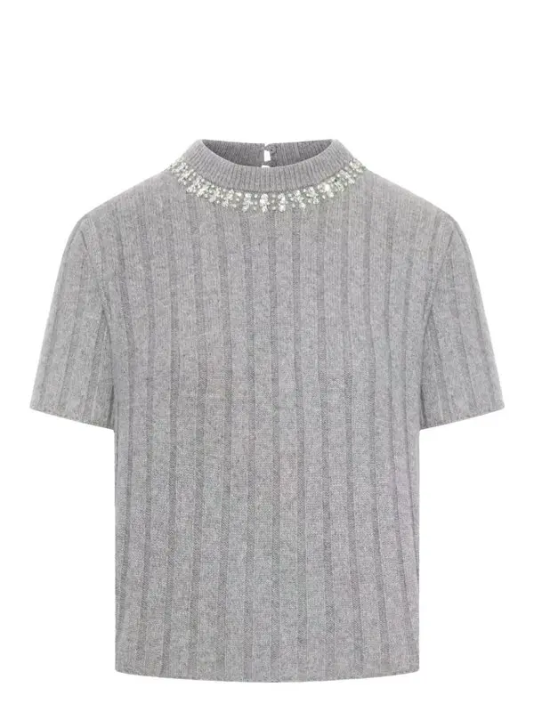 Gucci Ribbed Wool Top With Jeweled Detailing - Grey