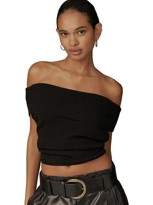 Anthropologie Off-shoulder Sheer Crop Sweater Top - Black