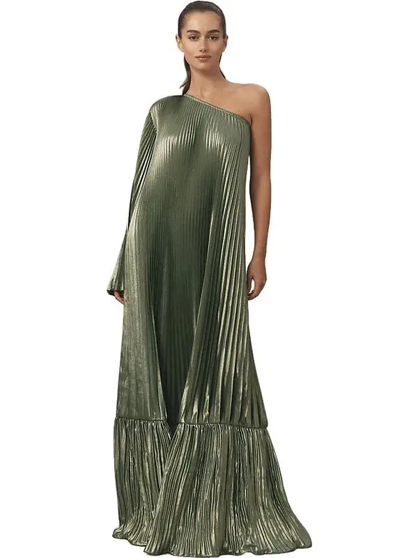 L'IDEE Mozart Asymmetric Pleated Gown - Oil Shine
