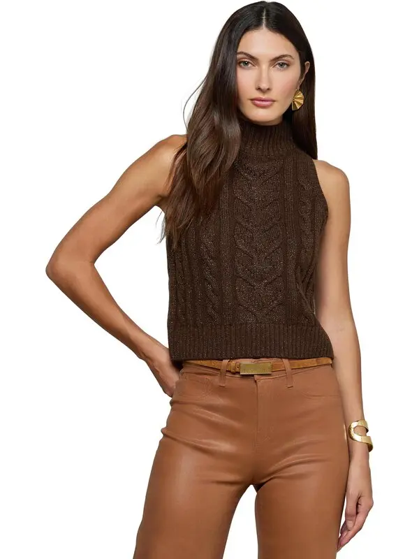 L'Agence Bellini Metallic Cable-knit Turtleneck - Dark Brown