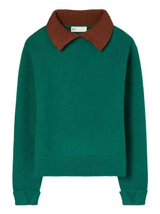 Tory Burch Collared Wool Sweater - Emerald /dark Cranberry