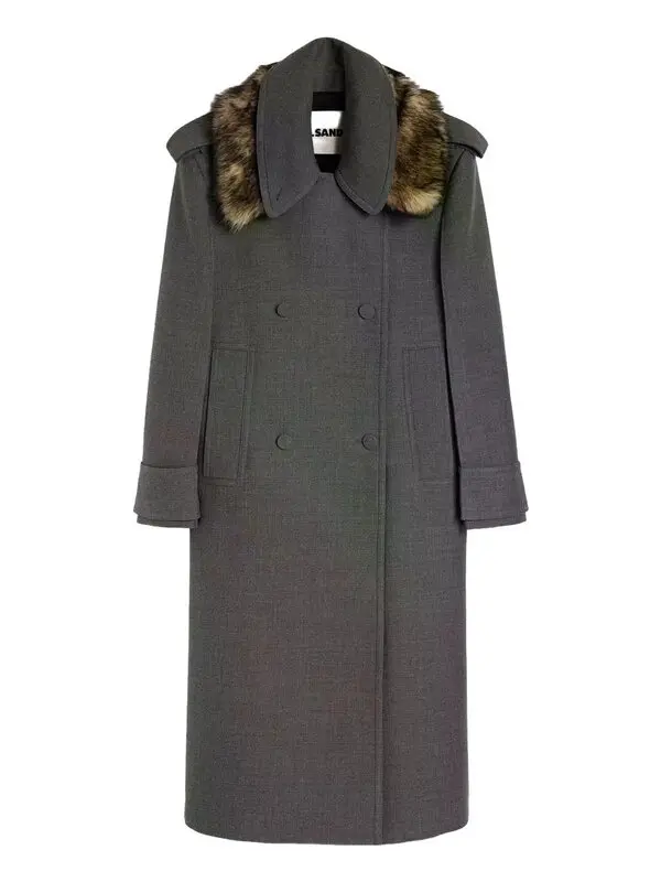 JIL SANDER Fur Collar Double-breasted Coat - Grey