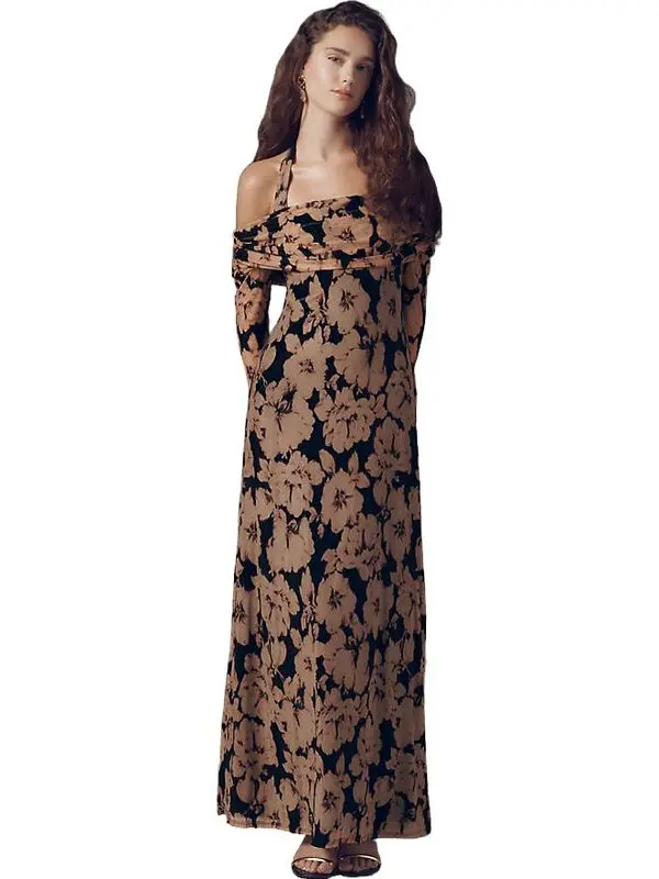 AFRM Arielle Burnout Velvet Maxi Dress - Ivory Peony