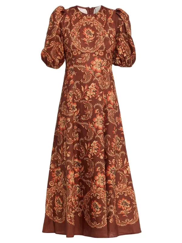 ALEMAIS Seraphina Floral Linen Midi Dress - Burgundy