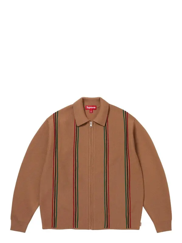 Supreme Stripe Zip Up Polo Sweater - Tan