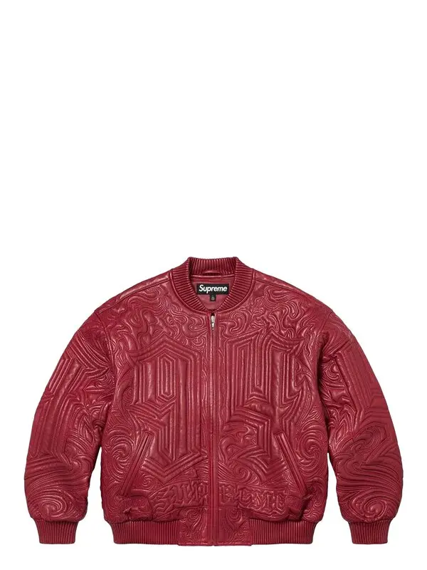 Supreme Mister Cartoon Embroidered Leather Jacket - Red