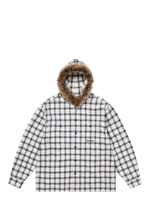 Supreme Fur Trim Hooded Flannel Shirt - White