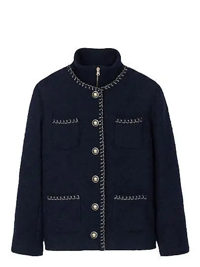 Sandro Buttoned Contrast-trim Tweed Jacket - Navy Blue