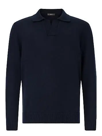 Boggi Milano Collared Long-sleeve Merino-wool Polo - Navy Blue